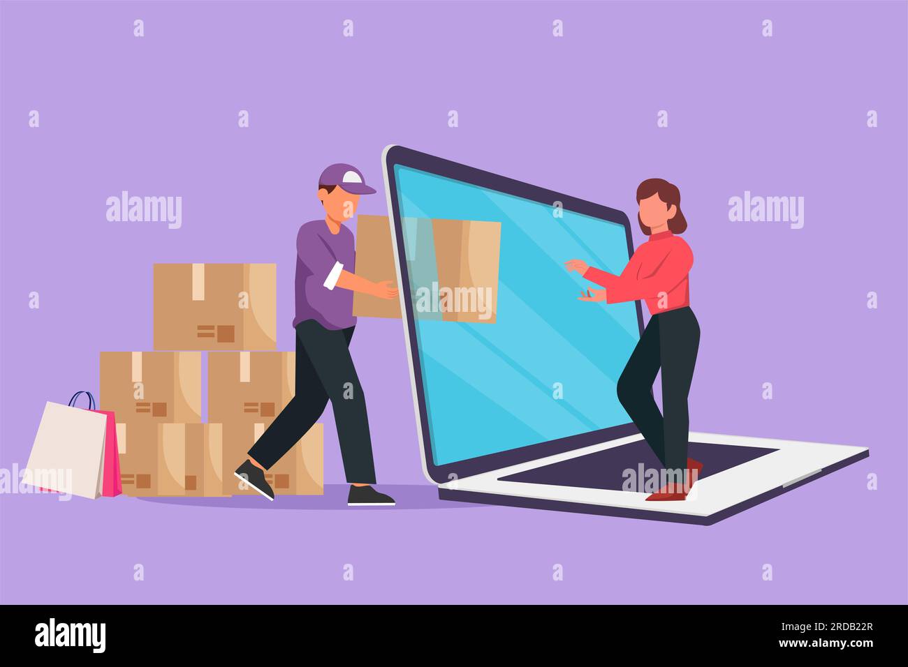 Cartoon flat style drawing of male courier deliver box package and ...