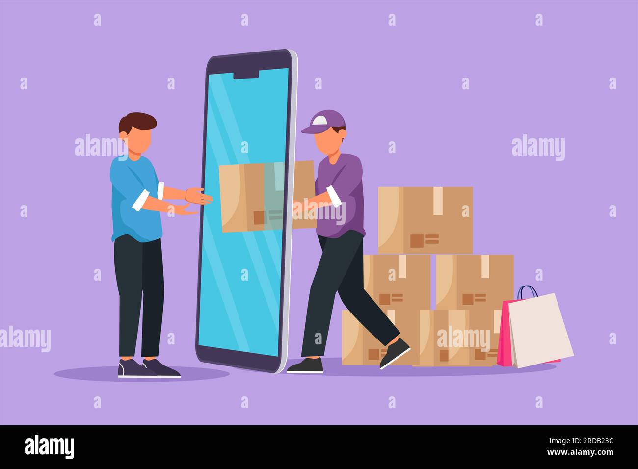 Character flat drawing male courier deliver box package and through ...