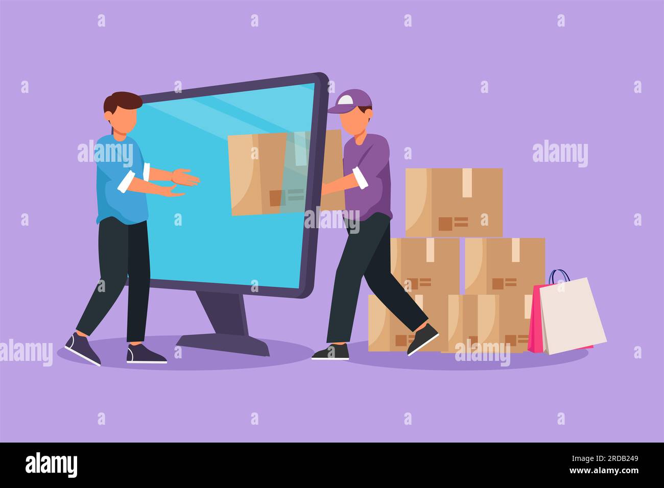 Cartoon flat style drawing of male courier deliver box package and ...