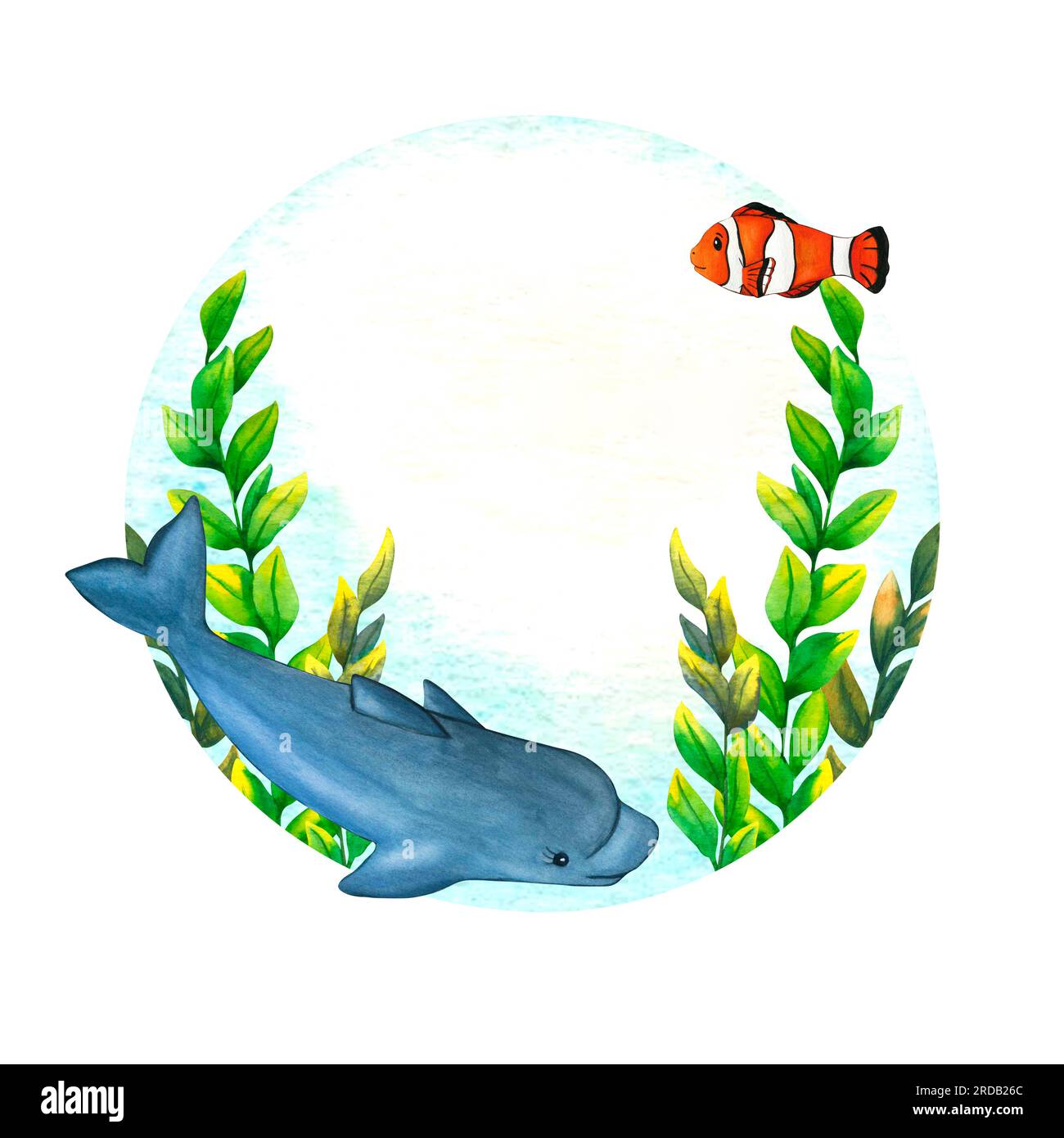 Frame. Watercolor green seaweed, dolphin, cartoon clown fish in blue ...