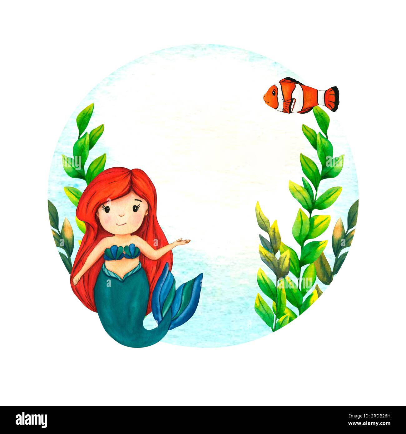 Frame. Watercolor green seaweed, cute mermaid, cartoon clown fish in ...