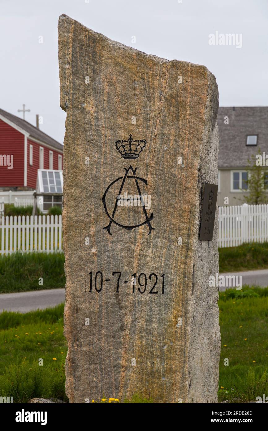 Commemorative plaque stone monument by the Church of Our Saviour, Nuuk ...