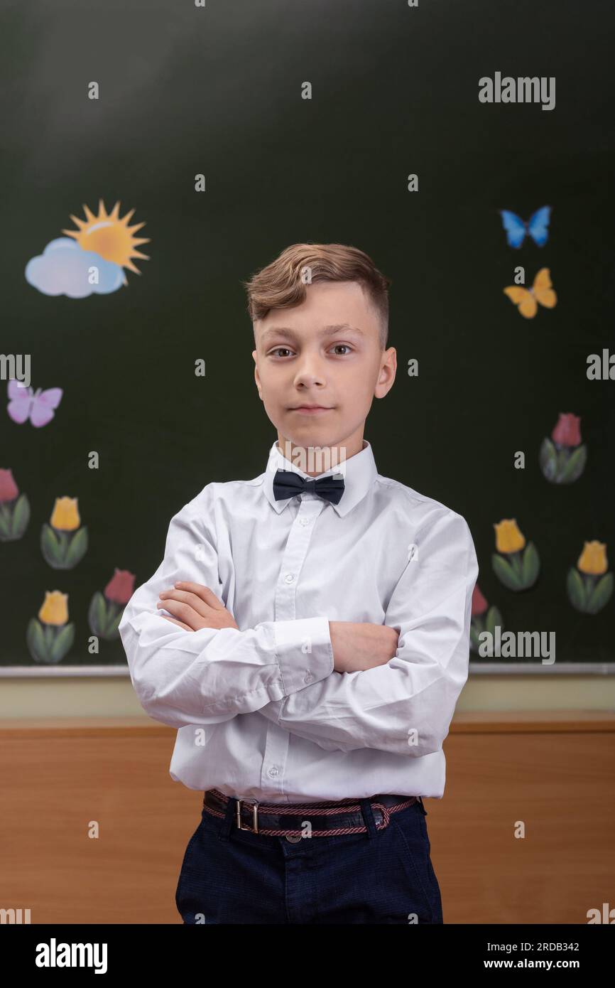 A handsome smiling schoolboy in a white shirt with a bow tie stands in ...