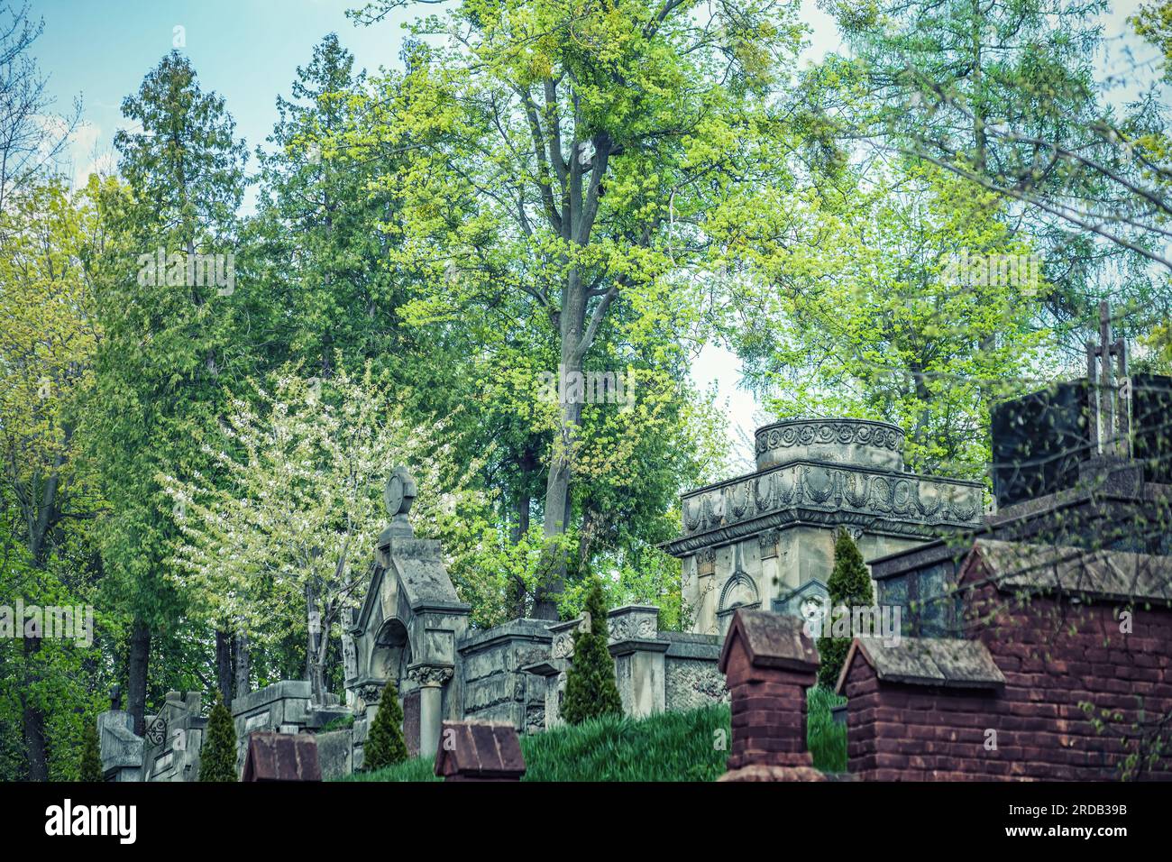 Lychakiv Cemetery with antique tombstones in Lviv, Ukraine. Graves ...