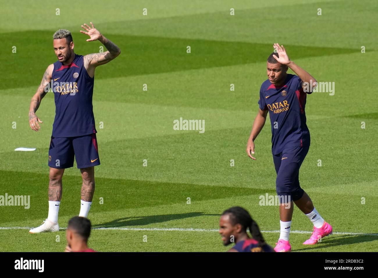 PSG's Neymar, left, and Kylian Mbappe train at the new Paris Saint ...