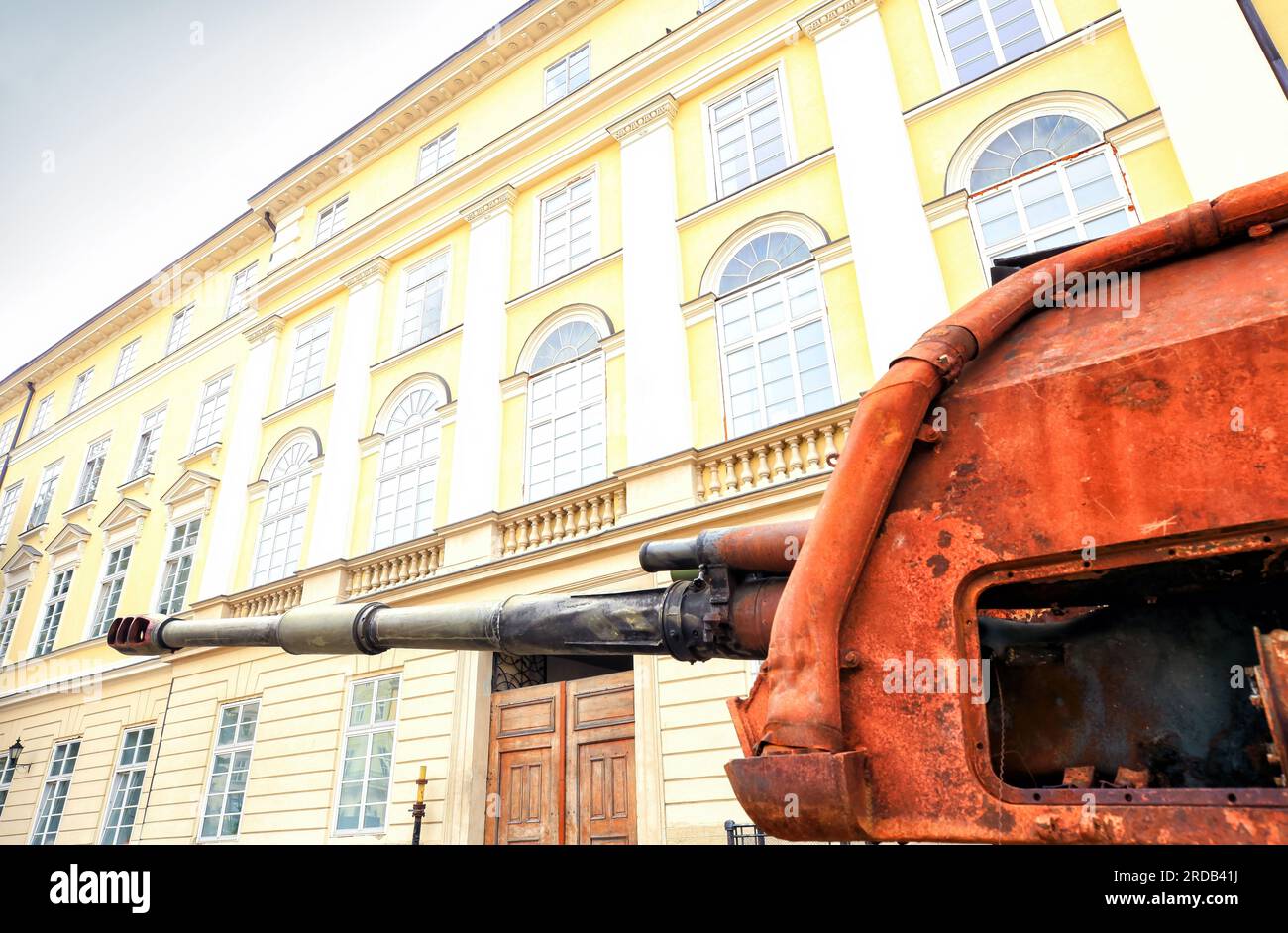 Cannon of old burnt and rusty tank. T-72 Russian battle burnt out tank ...