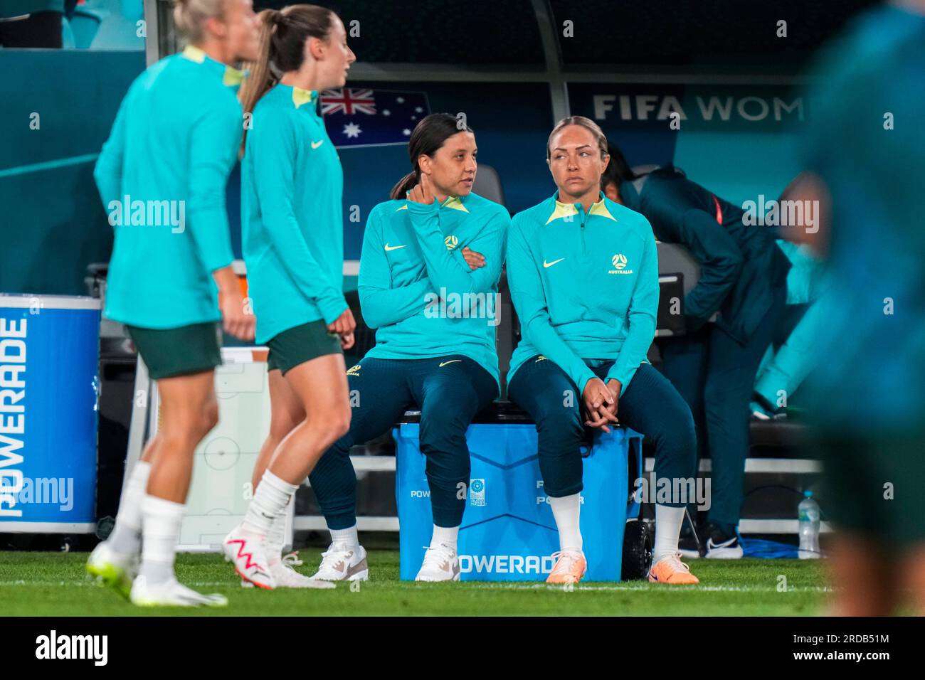 Australia's Sam Kerr, left, talks to a teammate Kyah Simon prior the ...