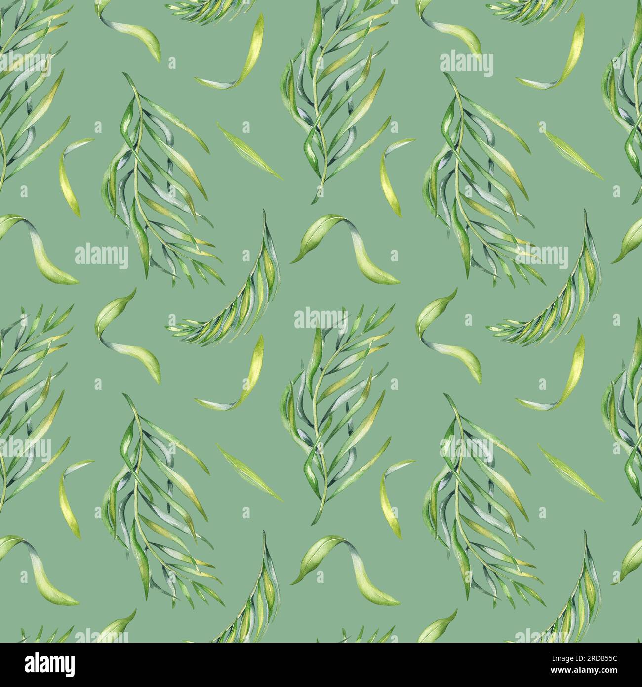 Palm leaves of acai tree watercolor seamless pattern isolated on blue ...