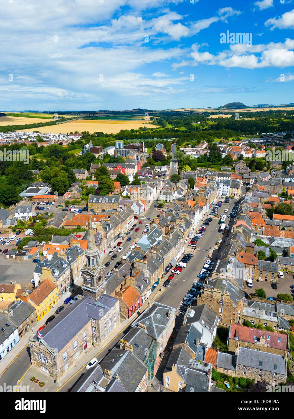 Aerial view of High Street and Market Street in Haddington town in East ...