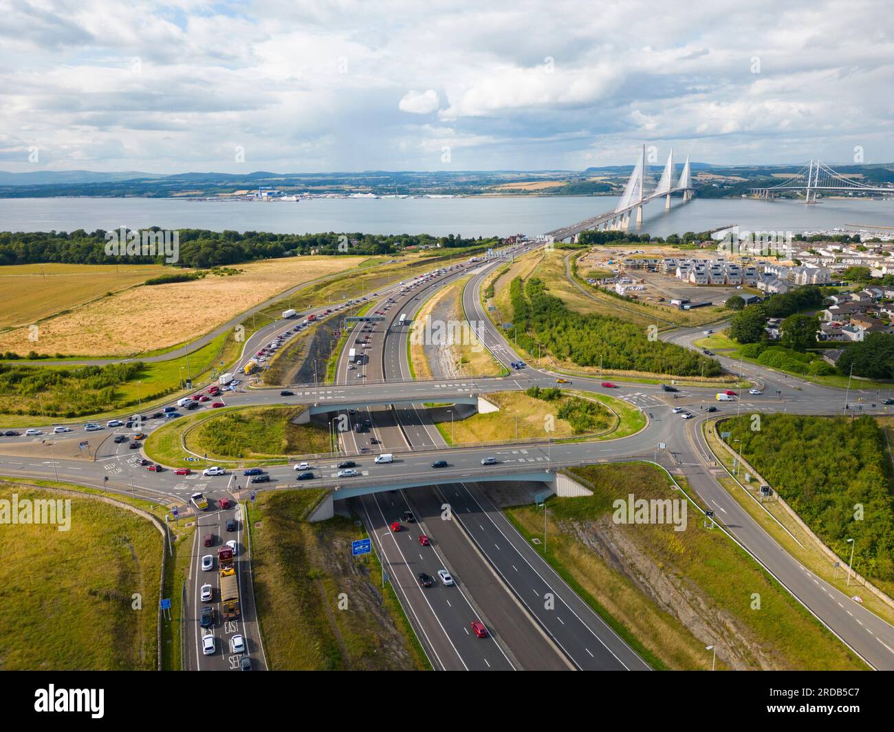 Aerial view of interchange at M90 Motorway at Queensferry Crossing at ...