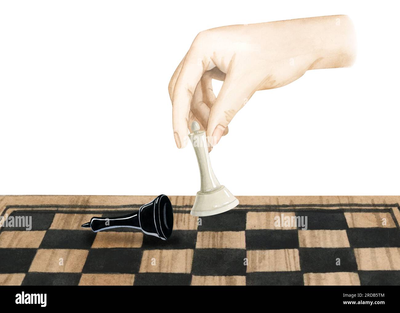 Chess player hand making move with white queen to checkmate black king ...