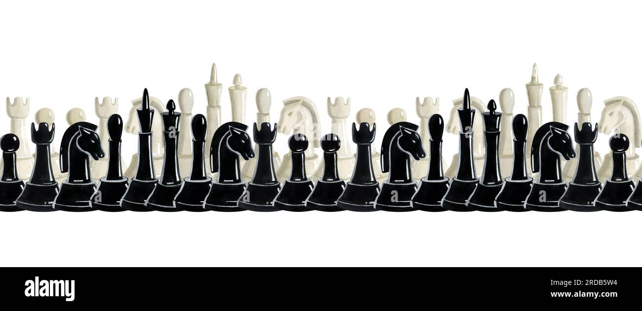 Black and white chess pieces full set watercolor seamless border ...