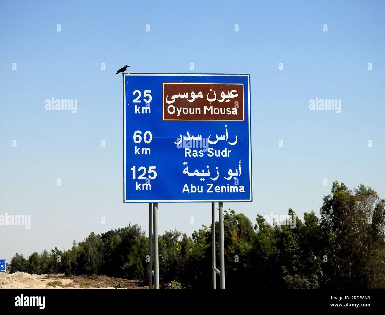 A road traffic board sign in Arabic and English shows the distance to ...