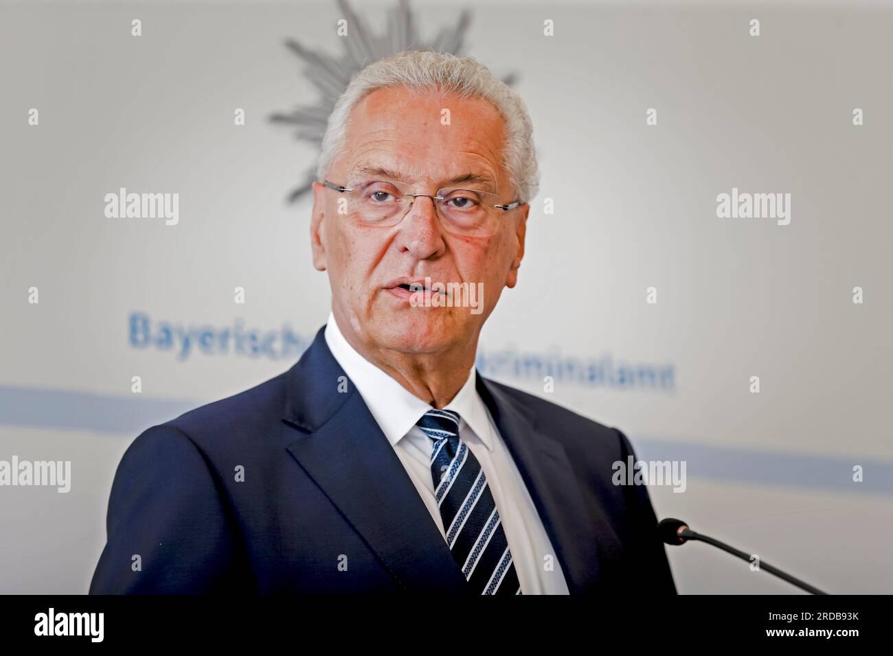 Munich, Germany. 20th July, 2023. Bavaria's Interior Minister Joachim Herrmann speaks during a ...