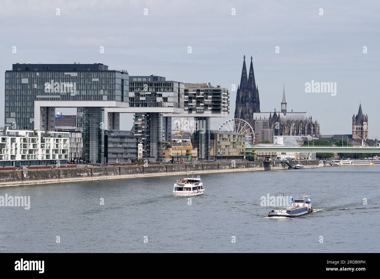 Cologne, Germany July 18 2023: excursion and cargo ships on the rhine ...