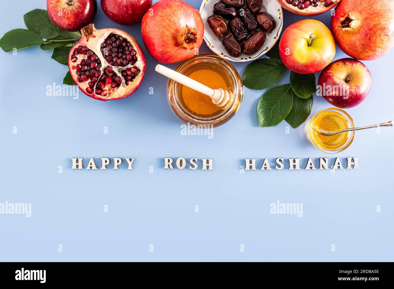 festive background for Rosh Hashanah. A set of traditional food on a ...