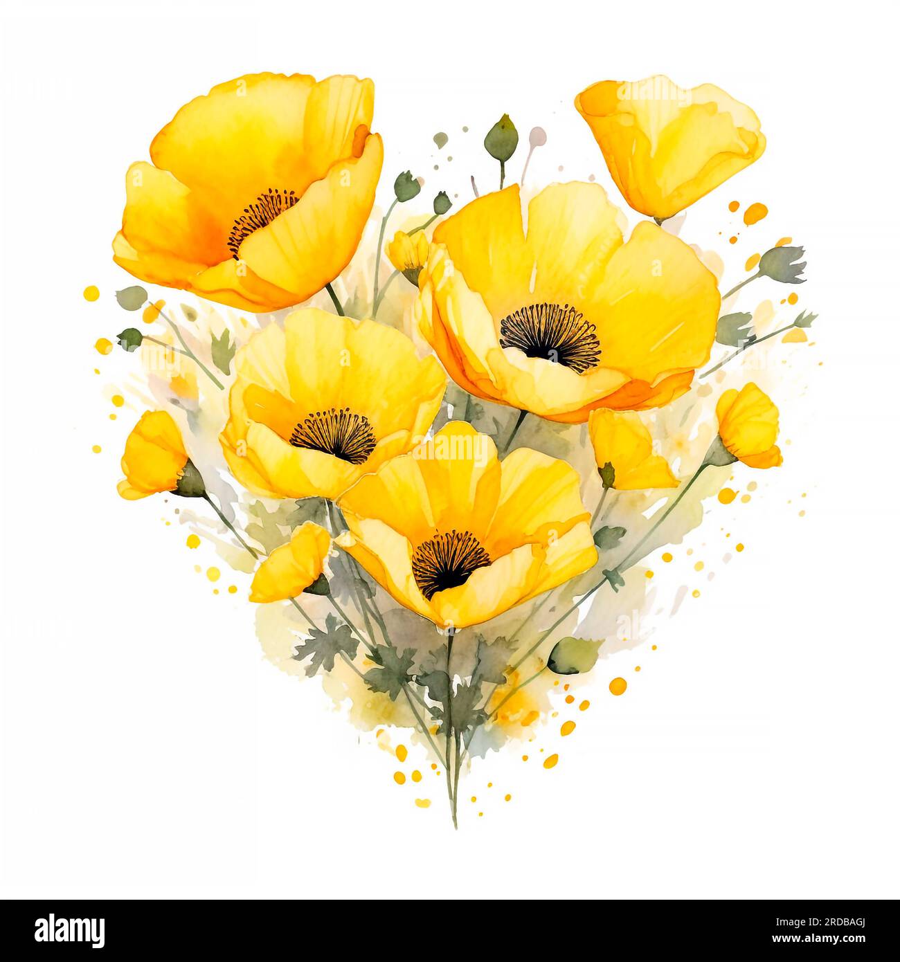 Watercolor heart with yellow poppies. Hand painted flowers and leaves ...