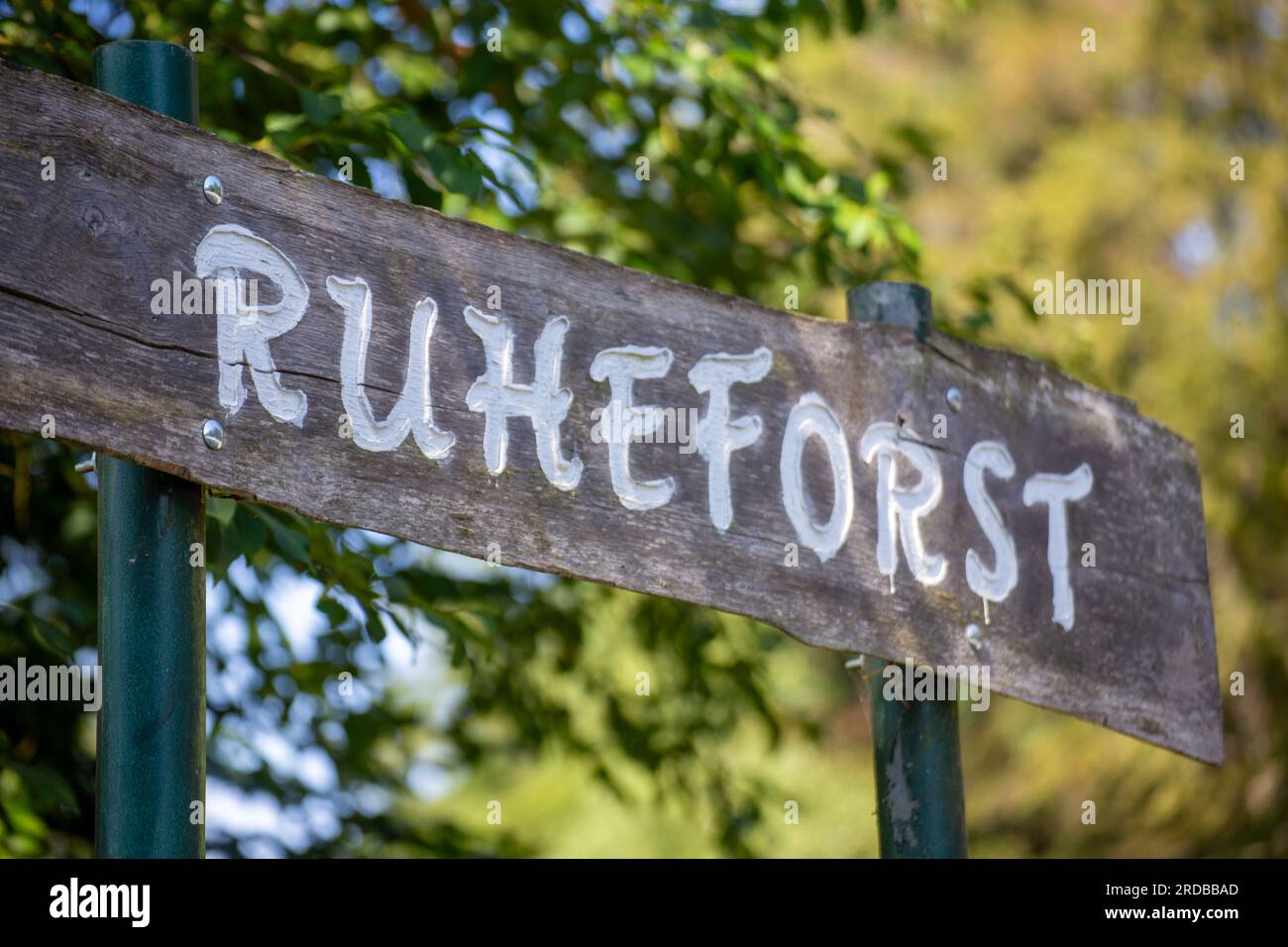 Sign with the german inscription Ruheforst(Resting Forest) in front of ...