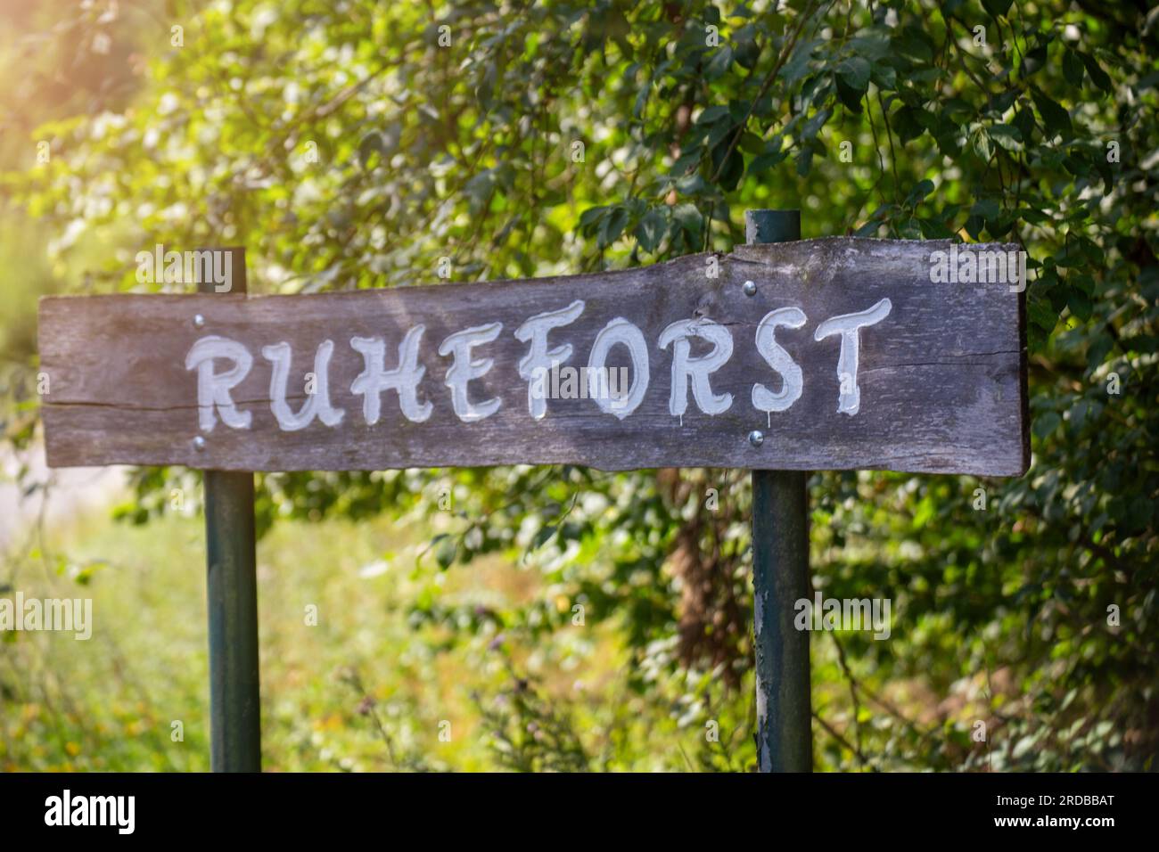 Sign with the german inscription Ruheforst(Resting Forest) in front of ...