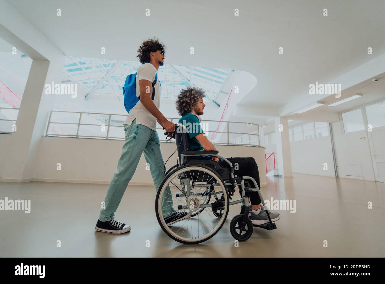 African American student pushing his friend's wheelchair through a ...