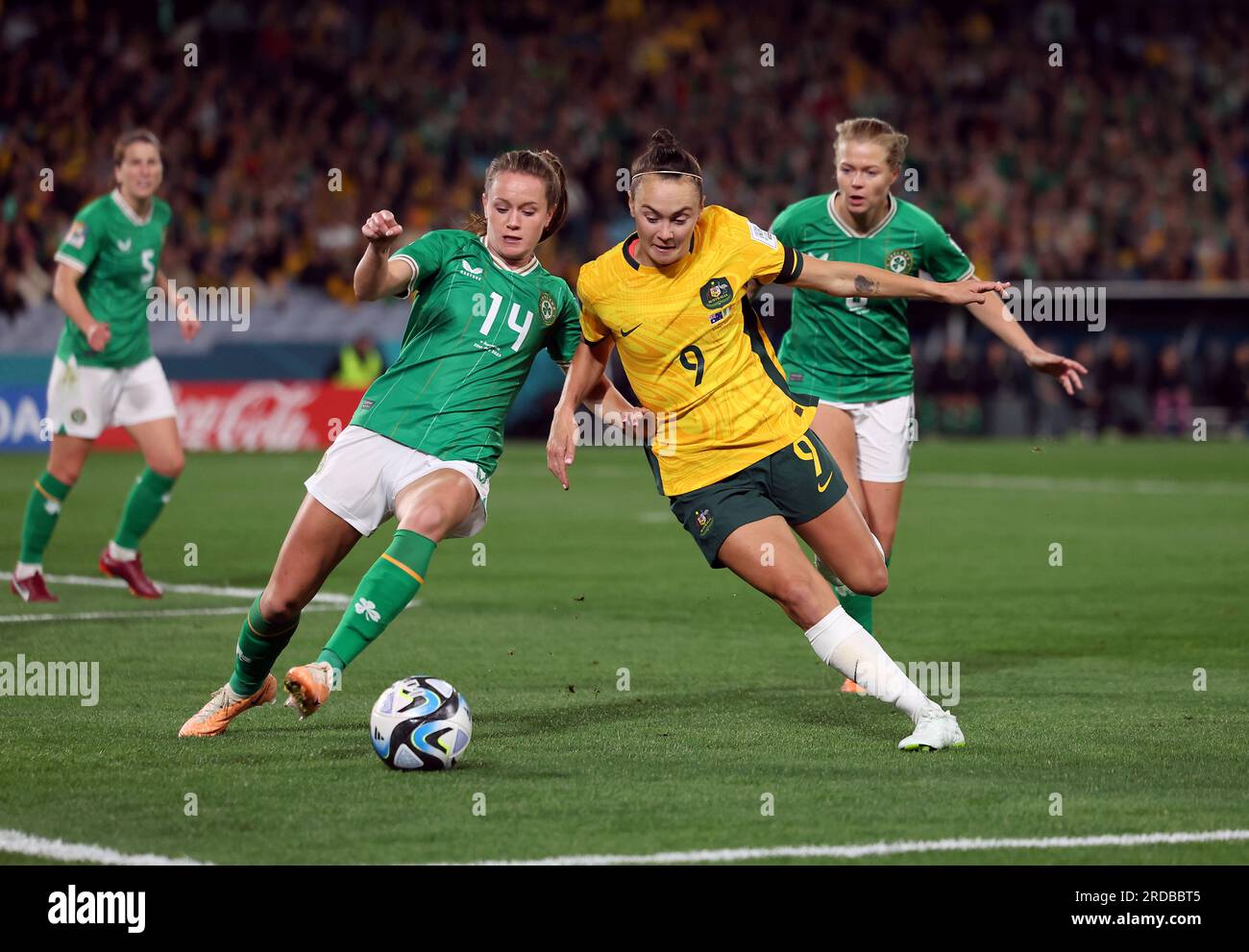 Australia's Caitlin Foord (right) and Heather Payne battle for the ball ...