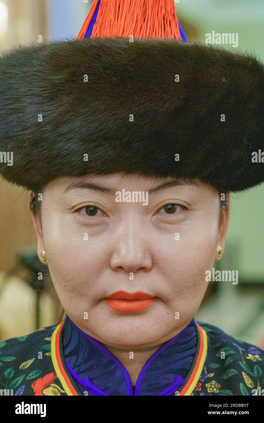 Ulaanbaatar, Mongolia. 1st June 2023. Mongolian Buryat woman portrait ...