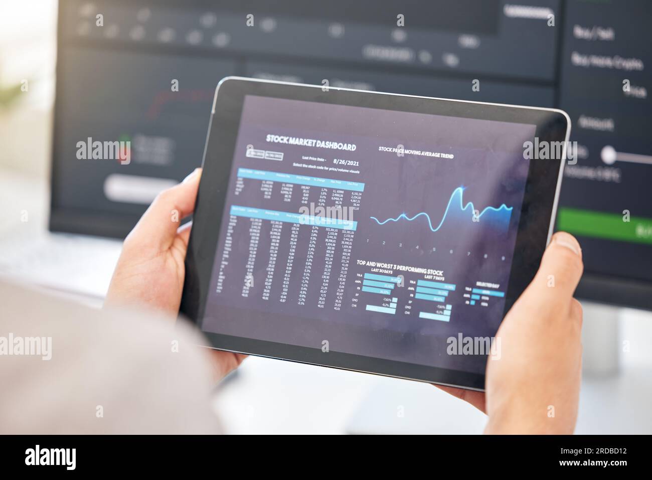 Tablet in hands, statistics and stock market with fintech and trading ...