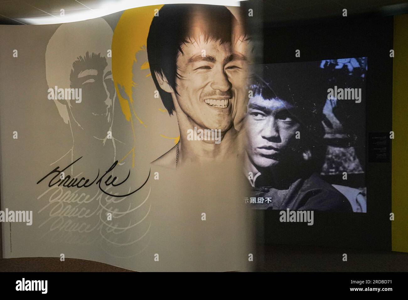 Huge posters of Bruce Lee are seen in the exhibition. The Hong Kong ...