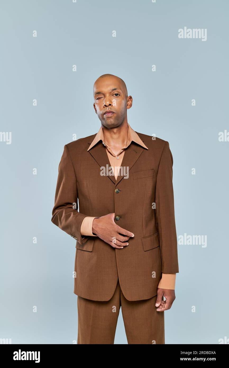 eye syndrome, bold african american man with myasthenia gravis looking ...