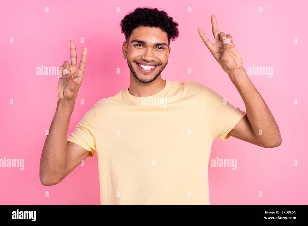 Friendly funky dude showing two fingers v sign say hi hello greet his ...