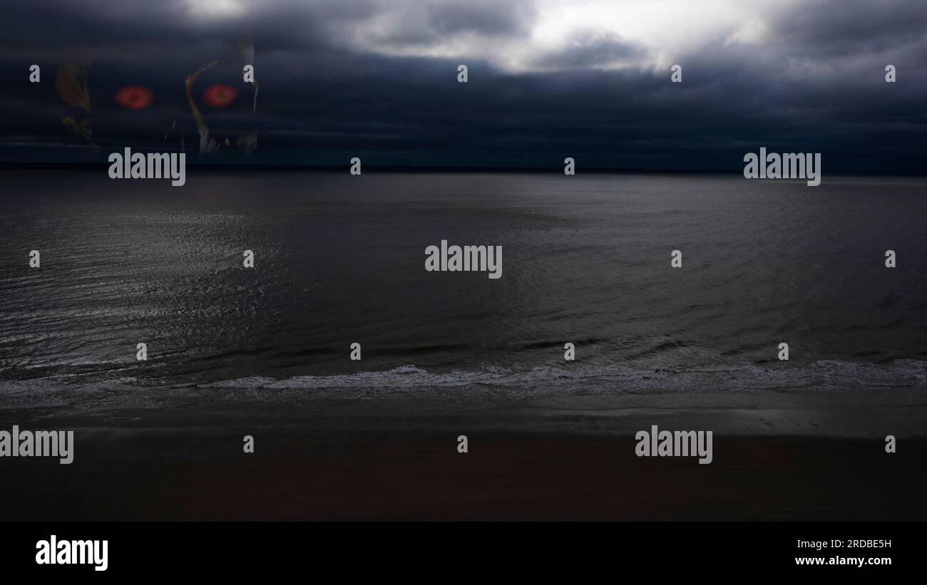 Danger in a storm over the ocean with a skull in the clouds Stock Photo ...