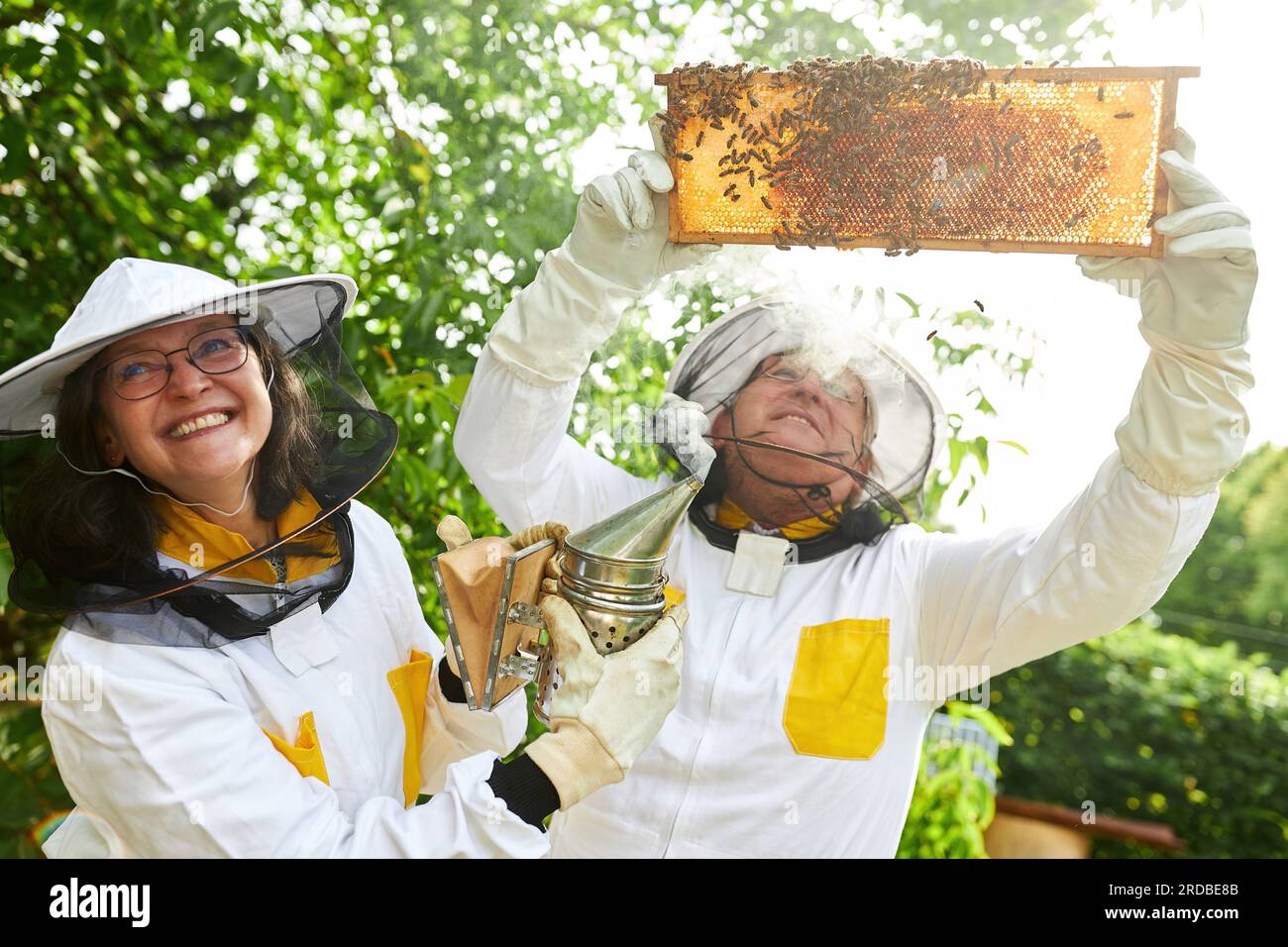 Happy senior female apiarist holding smoker by male apiculturist ...