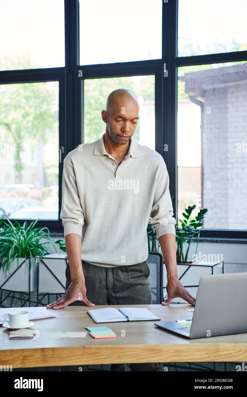 chronic illness, bold african american businessman with eye syndrome ...