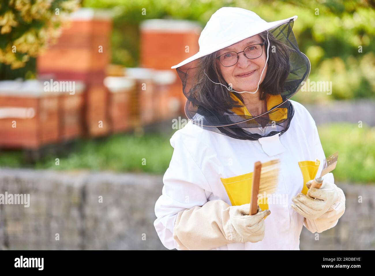 Portrait of smiling female apiarist holding hive fork and brush wearing ...