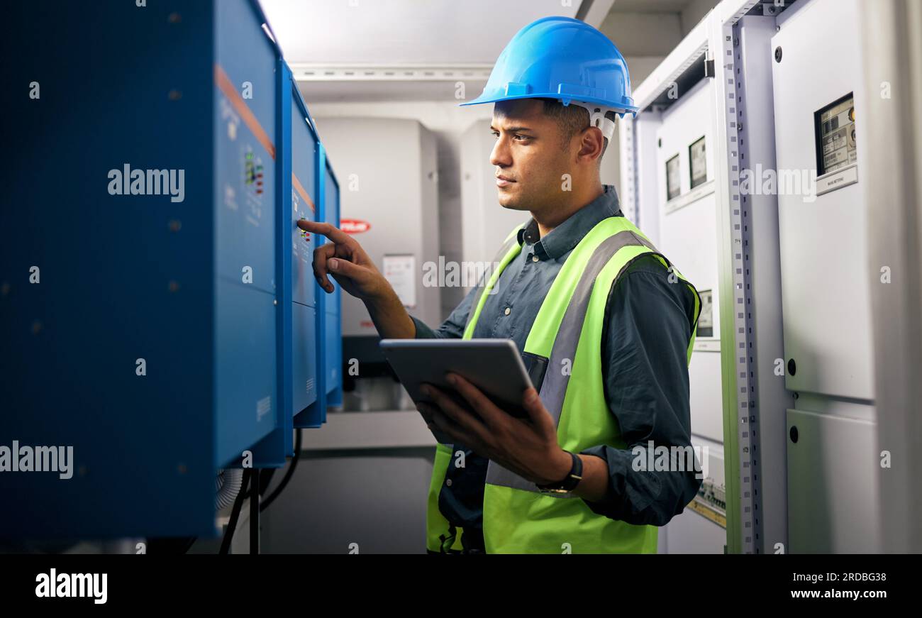 Electrician, tablet and man, control room and inspection, maintenance ...