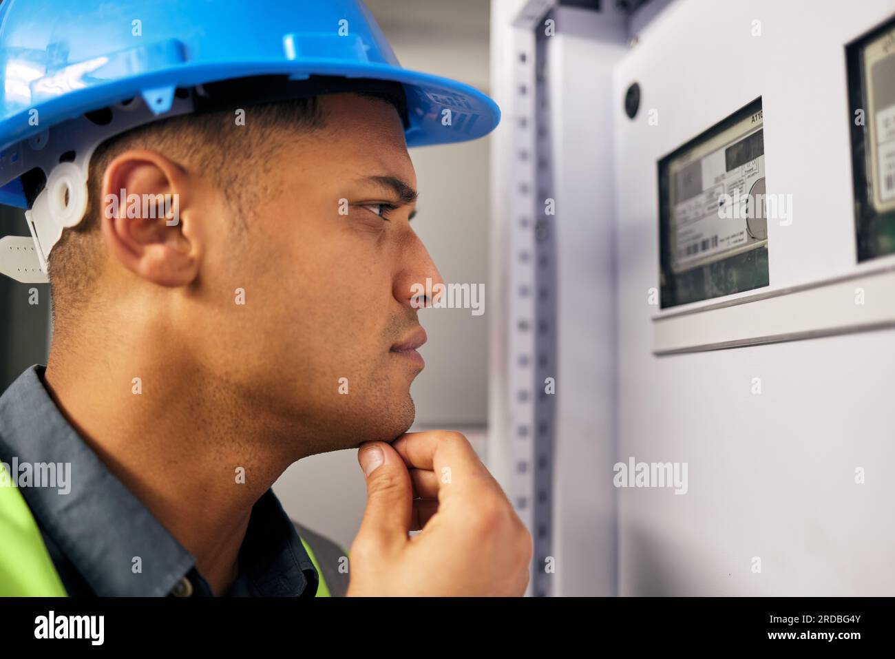Electrician, thinking and technician with man in control room for ...