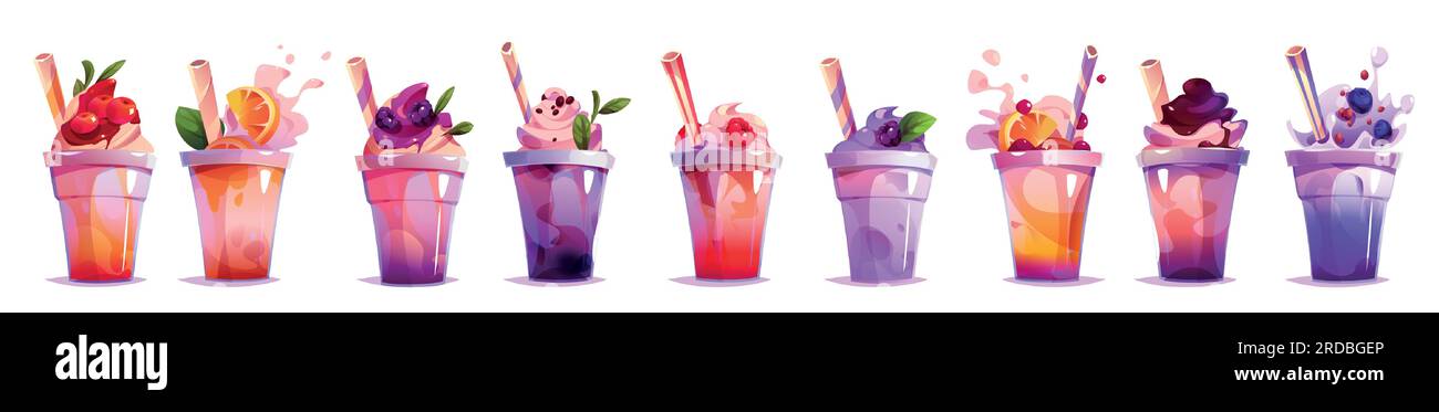 Cartoon set of plastic cups of milkshake with straw. Vector ...