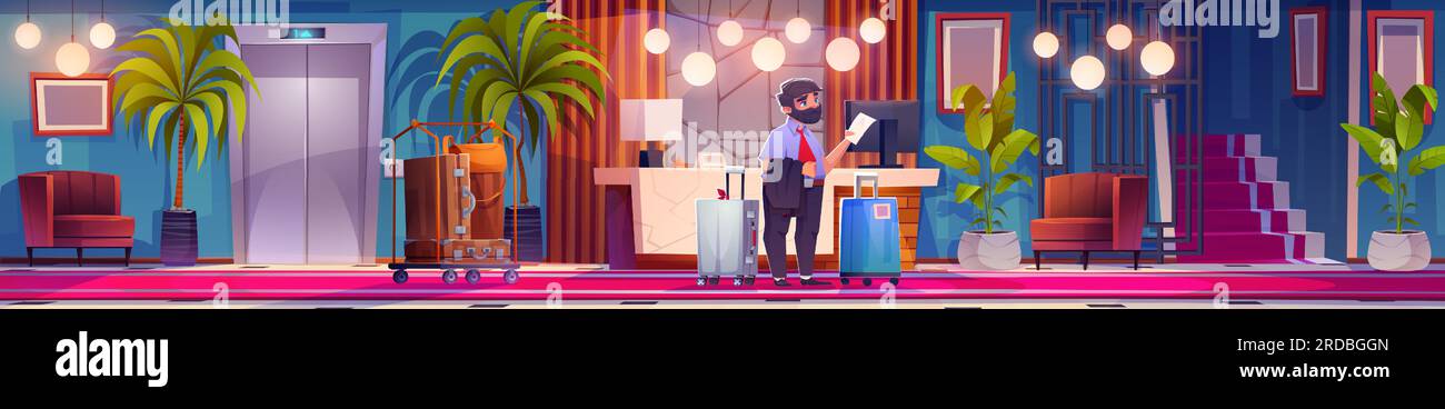 Man with luggage in hotel lobby room wait checkin cartoon background ...