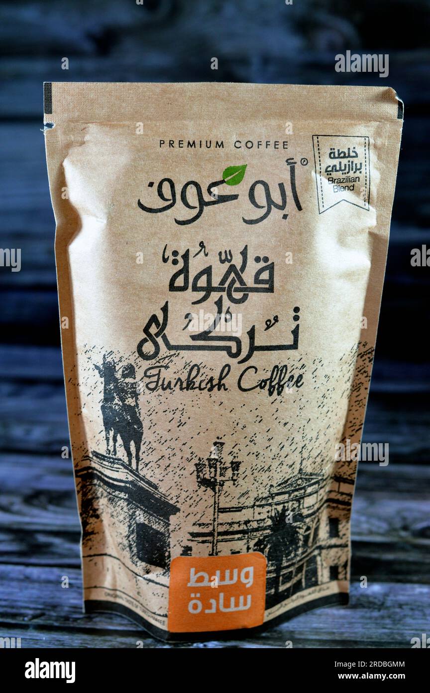 Cairo, Egypt, June 26 2023: Abu Auf plain medium Turkish coffee, Grind ...
