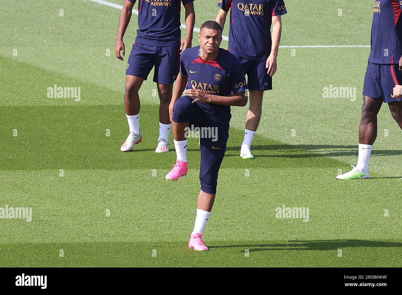 Poissy, France. 20th July, 2023. Kylian Mbappe during a Paris Saint ...