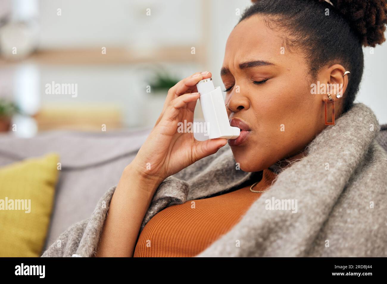 Asthma pump, sick woman and breathe in health, medical cure or cough ...