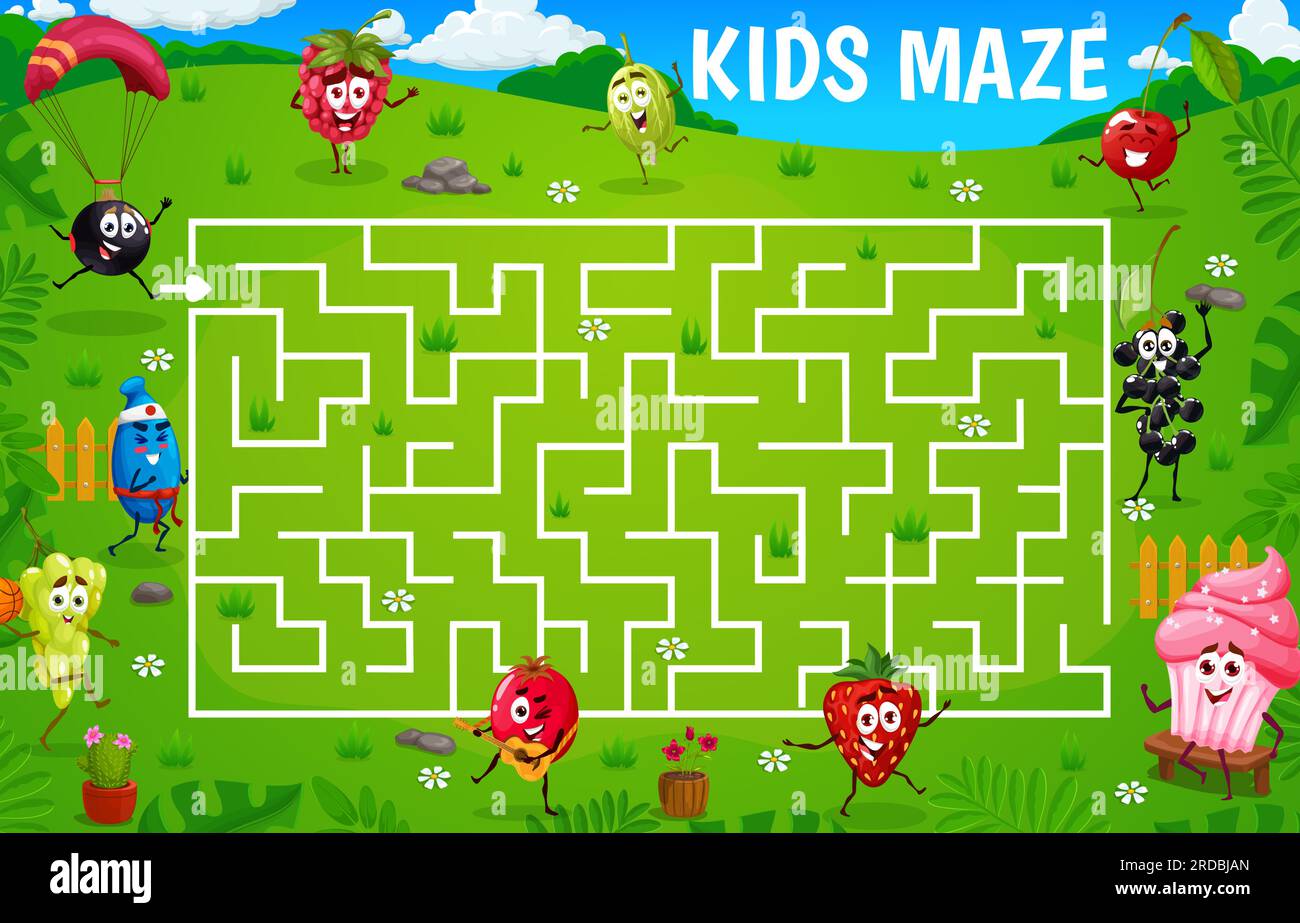 Labyrinth maze. Cartoon cheerful berry characters on summer meadow ...