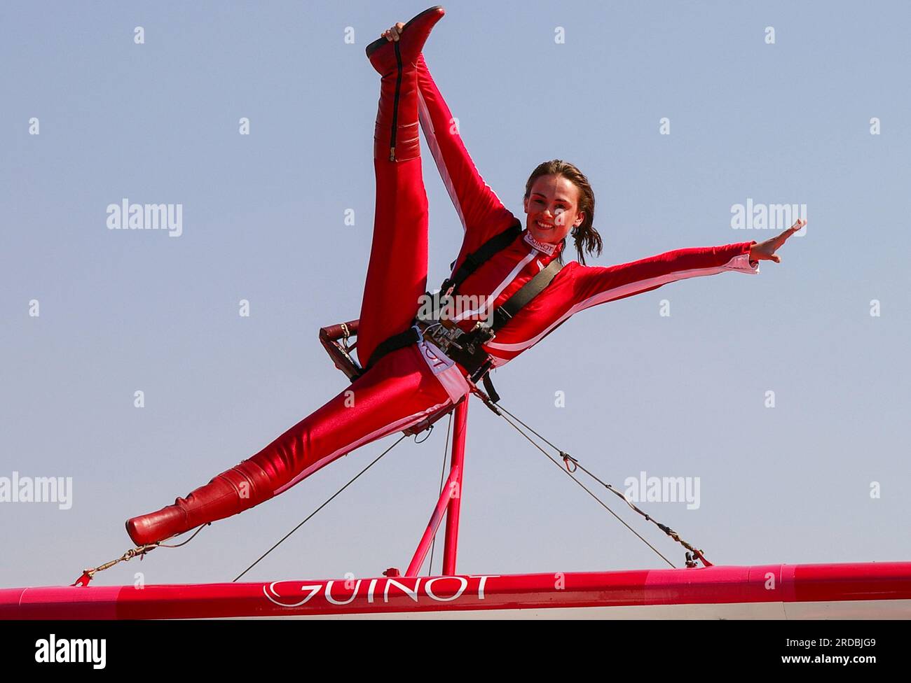 Sarah Tanner, wingwalker with Aerosuperbatics wingwalking team on top ...