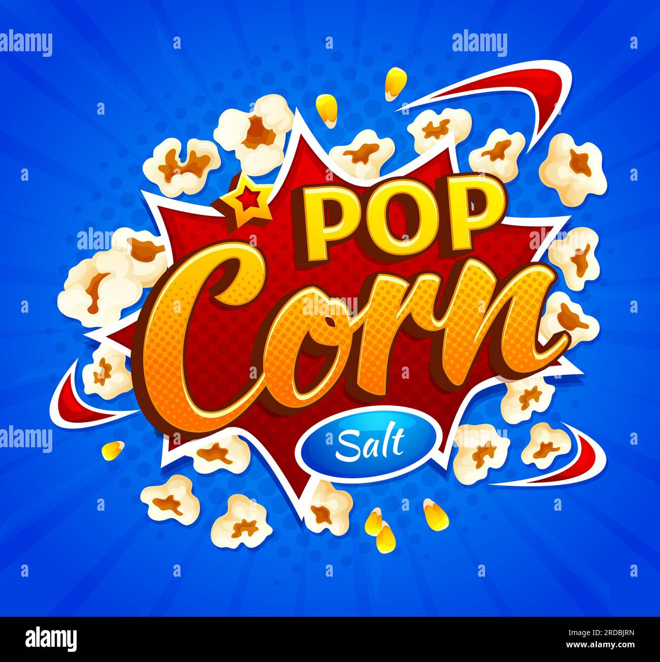Cartoon movie pop corn burst, popcorn snack explosion, vector poster ...