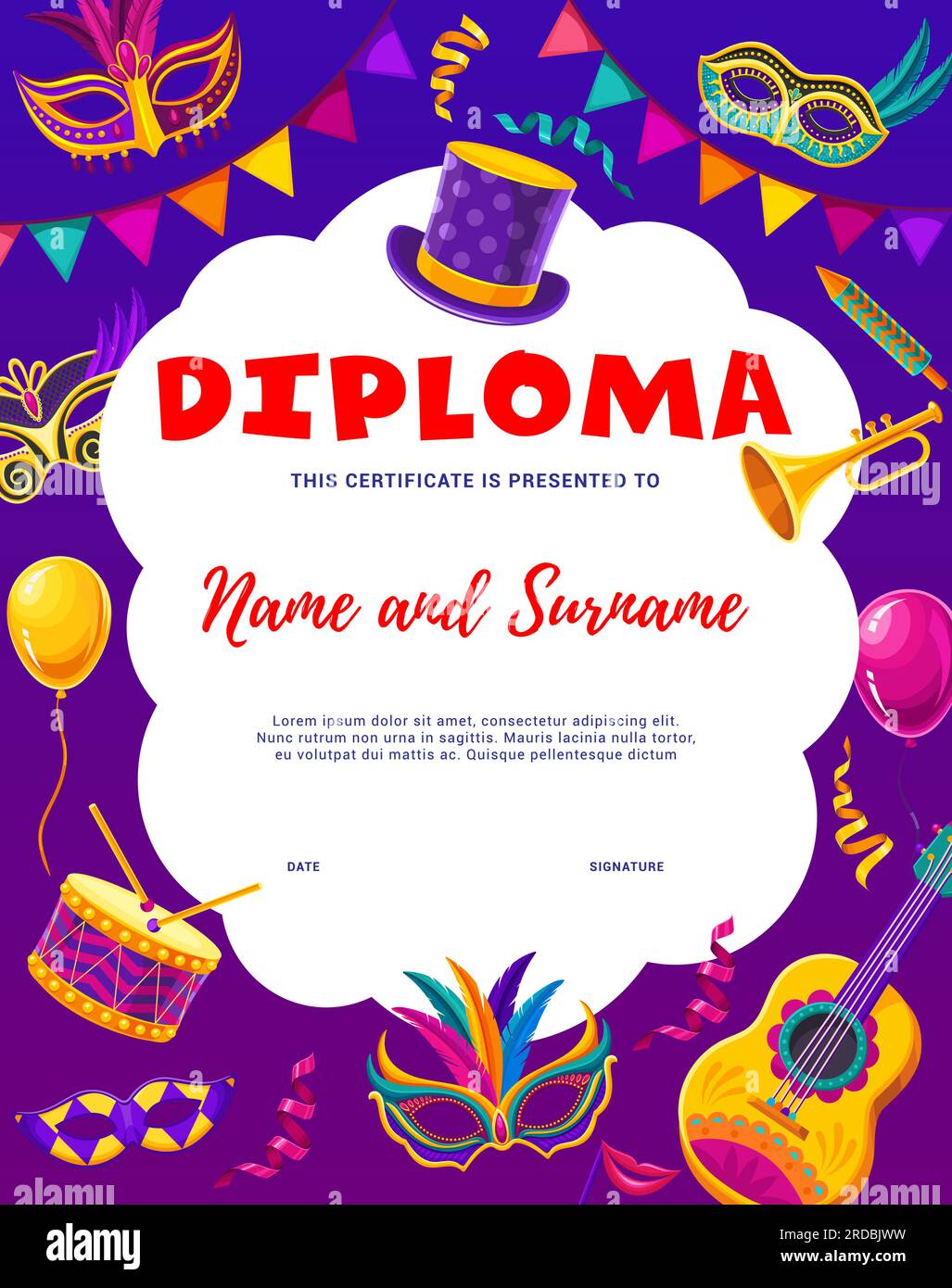 Samba dancer diploma with Brazilian carnival masks, clothes and ...
