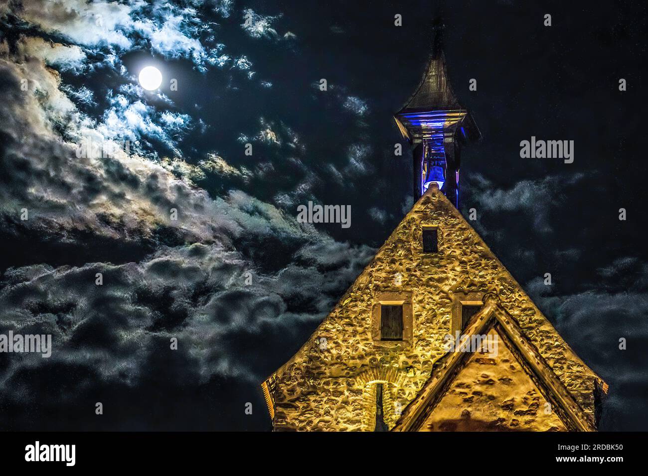 Church and full moon Stock Photo - Alamy