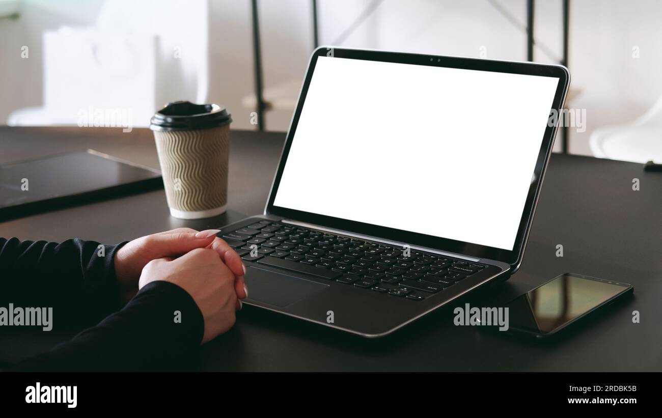 Virtual meeting. Video conference. Laptop with empty space white mockup ...