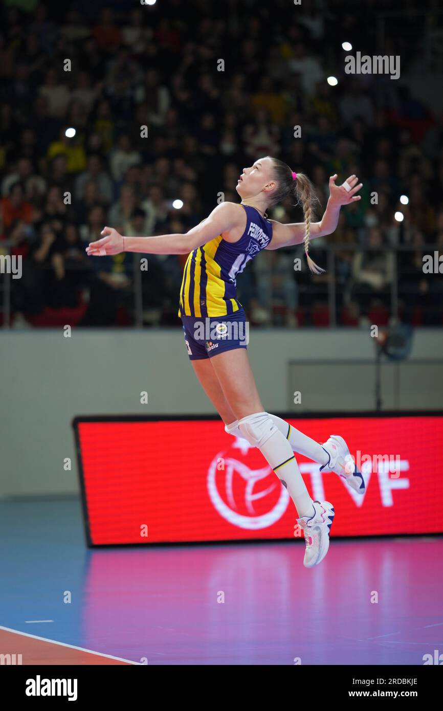ISTANBUL, TURKIYE - MARCH 16, 2023: Arina Fedorovtseva serves during ...