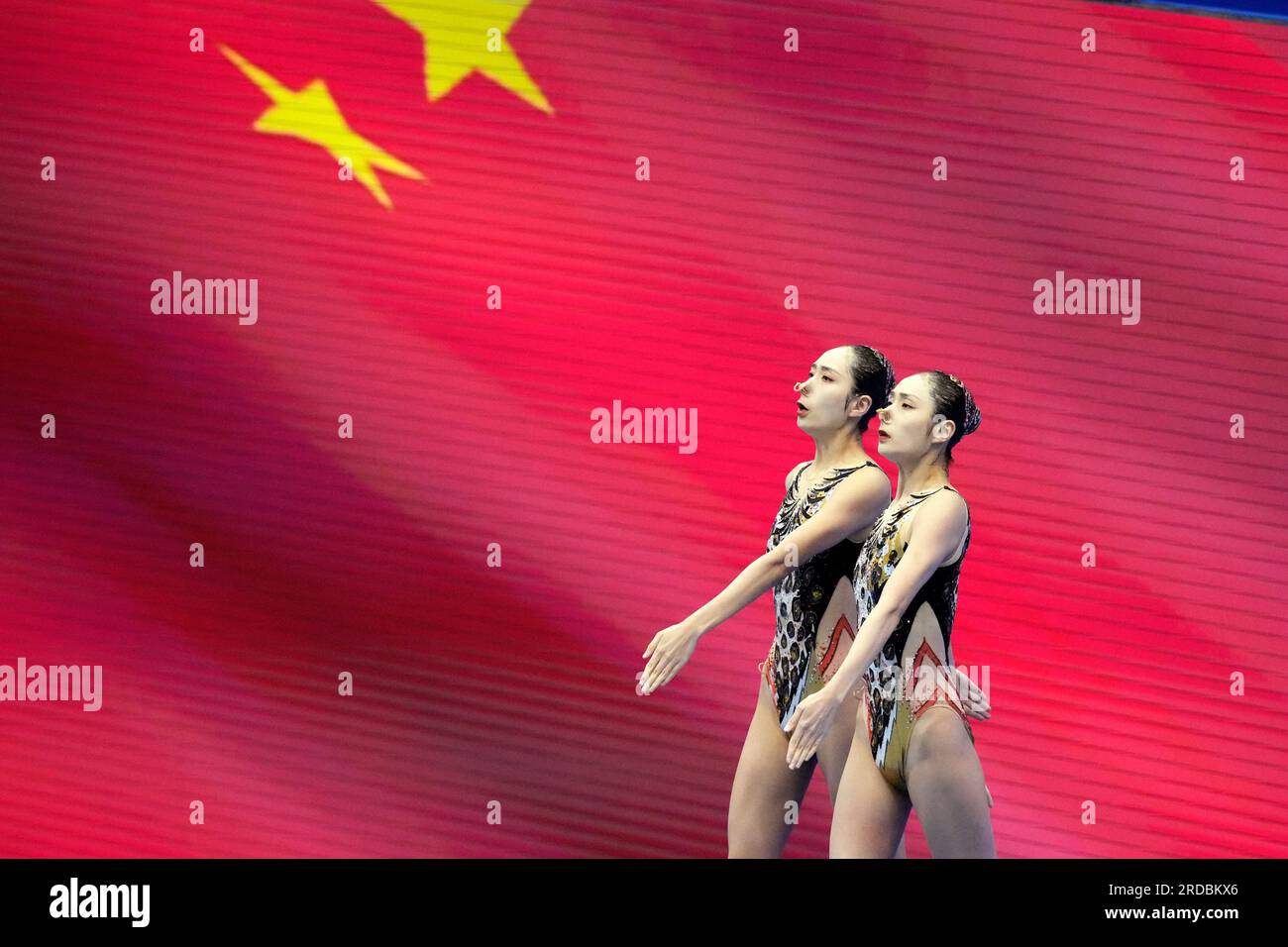 Wang Liuyi and Wang Qianyi of China compete during the women's duet free final of artistic ...