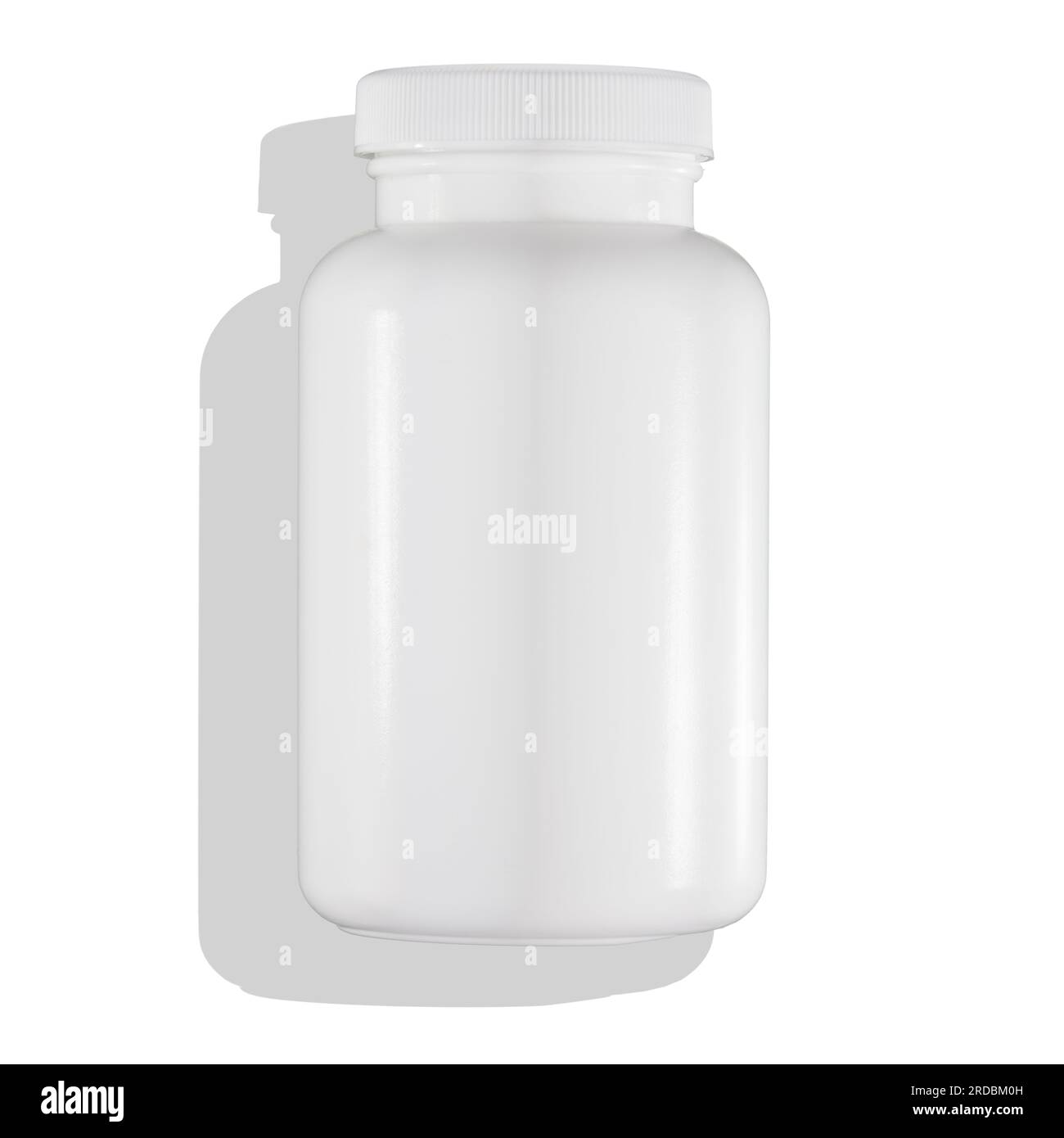 A white medicine bottle without a label, lying flat, on a white ...